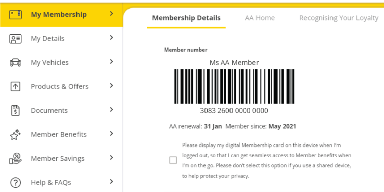 AA Digital Membership card